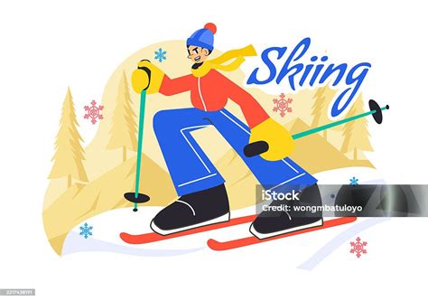 스키 벡터 일러스트 레이 션은 스키 리조트에서 눈 덮인 산을 미끄러 져 내려가는 스키어를 특징으로 겨울 스포츠 활동 플랫 스타일 배경에서 겨울에 대한 스톡 벡터 아트 및