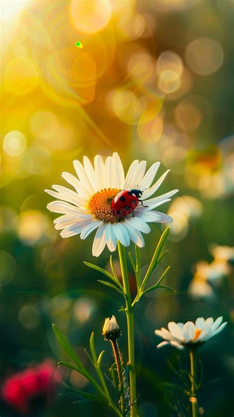 A Ladybug Sits On A Daisy In The Sun Stock Image Image Of White