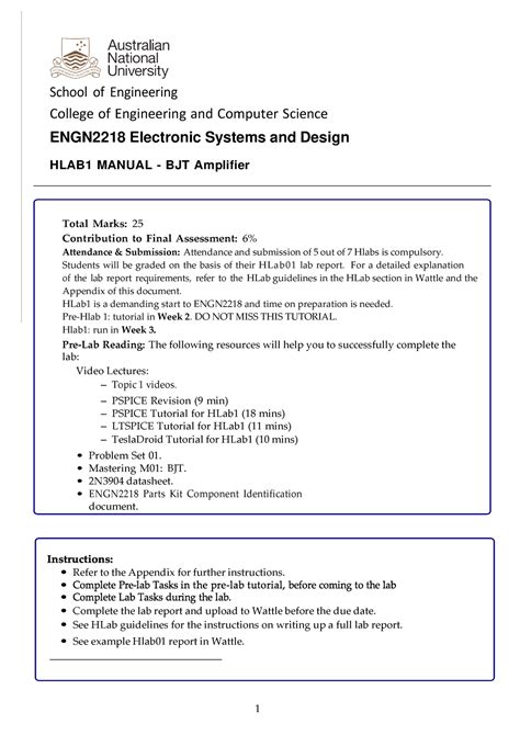 Hlab1 Manual 2023 Lecture Notes School Of Engineering College Of