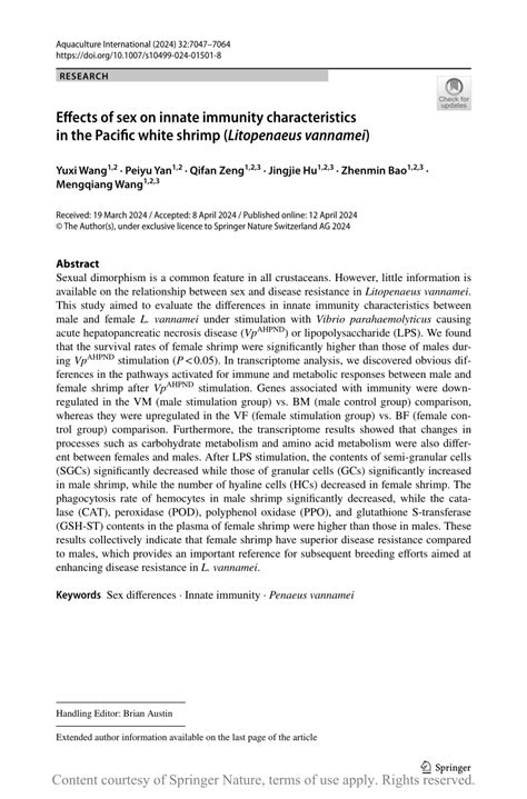 Effects Of Sex On Innate Immunity Characteristics In The Pacific White Shrimp Litopenaeus