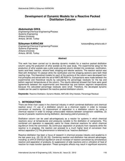 development of dynamic models for a reactive packed distillation column