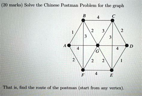 Solved 20 Marks Solve The Chinese Postman Problem For The Graph That Is Find The Route Of