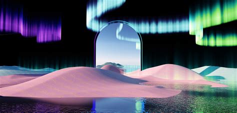 3d 렌더링 기하학적 모양이 있는 초현실적인 파스텔 풍경 배경 아치가 있는 조미료 풍경의 추상적인 환상적인 사막 모래 언덕 복사 공간이 있는 파노라마 미래 장면 푸른 하늘과