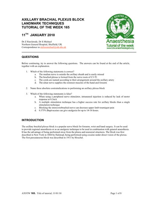 Axillary Brachial Plexus Block Landmark Techniques Docslib