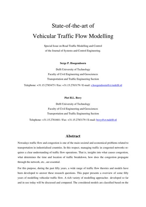 Pdf State Of The Art Of Vehicular Traffic Flow Modeling
