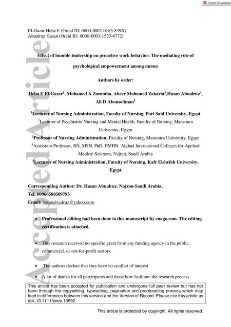 Pdf Effect Of Humble Leadership On Proactive Work Behavior The Mediating Role Of