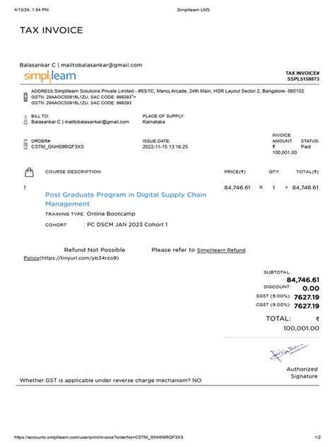 Simplilearn Lms Pdf Invoice Taxes