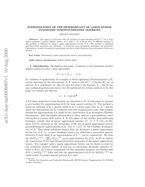 Pdf Approximation Of The Determinant Of Large Sparse Symmetric