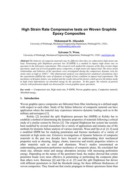 Pdf High Strain Rate Compressive Tests On Woven Graphite Epoxy Composites