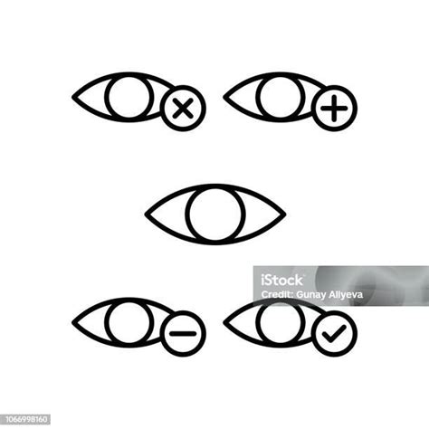 눈 더하기 빼기 체크 기호 아이콘 제거 개요 버튼 아이콘의 요소입니다 웹사이트 디자인 및 개발 응용 프로그램 개발에 대 한 얇은 라인 아이콘 개념에 대한 스톡 벡터 아트 및
