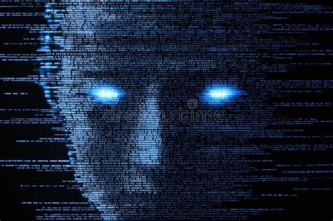 futuristic ai face composed of glowing blue binary code streams in