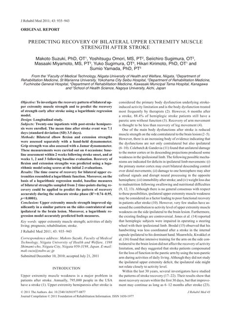 Pdf Predicting Recovery Of Bilateral Upper Extremity Muscle Strength After Stroke
