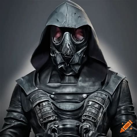 Hyperrealistic Image Of A Dark Fantasy Assassin In Black Armor And Gas