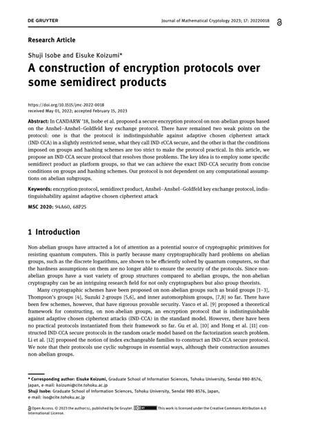 Pdf A Construction Of Encryption Protocols Over Some Semidirect Products