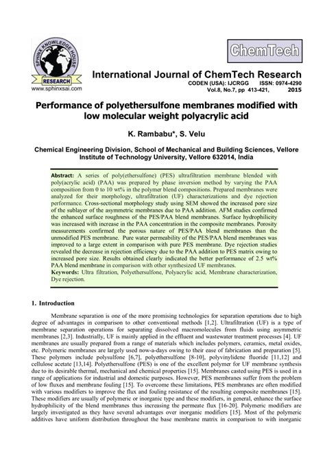 Pdf Performance Of Polyethersulfone Membranes Modified With Low