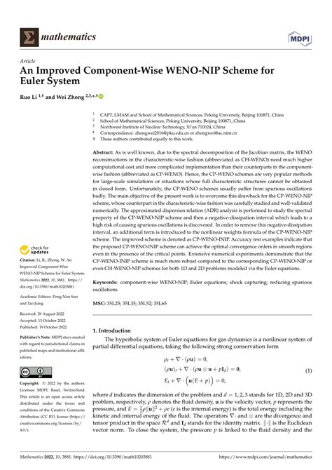 Pdf An Improved Component Wise Weno Nip Scheme For Euler System