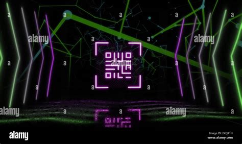 Image Of Qr Code Over Neon Shapes And Network Of Connections On Black Image Of Qr Code Over Neon Shapes And Network Of Connections On Black