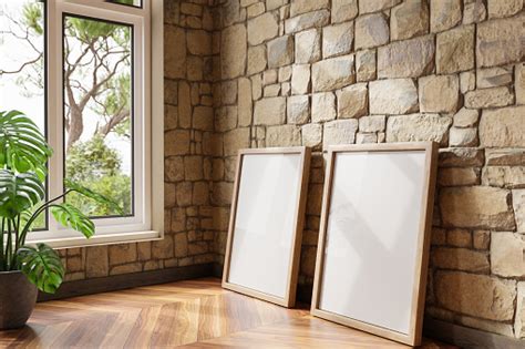 두 개의 빈 캔버스 포스터가 벽에 기대어 있습니다 큰 창문을 통해 빛나는 밝은 일광 가정 장식 디자인 3d 그림 0명에 대한 스톡 사진 및 기타 이미지 Istock