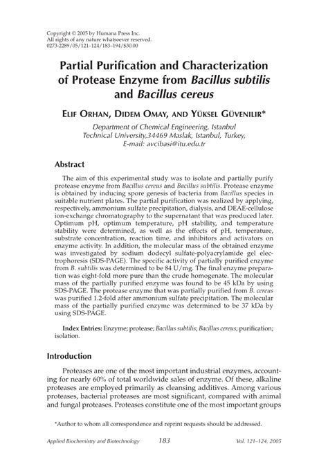 Pdf Partial Purification And Characterization Of Protease Enzyme From Bacillus Subtilis And