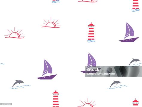 해양 선박 태양 여름 완벽 한 패턴입니다 요트 범선 보트 돌고래 귀여운 낙서 아기 요소 바다 여름 배경입니다 직물 아기 옷 손 익사 요소에 대 한 유치 한 배경 0명에 대한