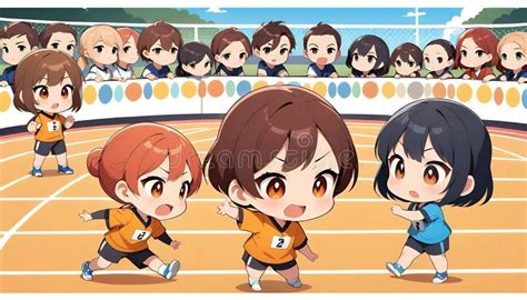 Chibi Style School Sports Day Animation Three Girls Race Cheerful Crowd Stock Illustration