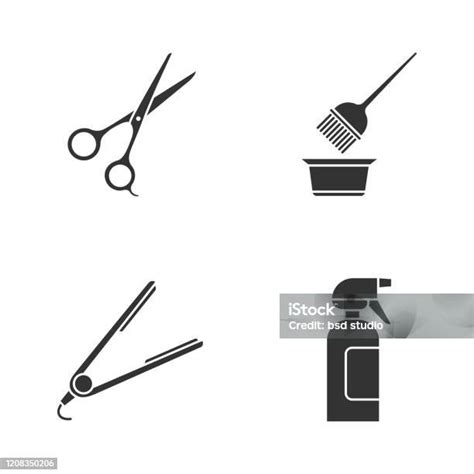 미용실 문말 아이콘 세트입니다 이발 머리 염색 곧게 가위 착색 도구 스트레이트 너 스프레이 병 이발소 Hairstyling 실루엣 기호입니다 벡터 절연 그림 가위에 대한