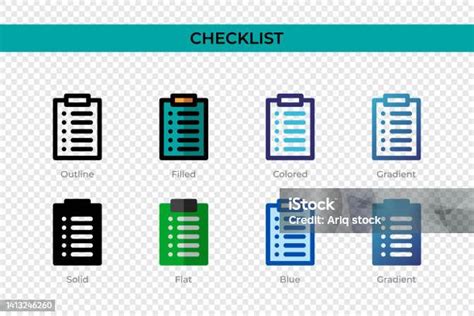다른 스타일의 체크리스트 아이콘입니다 체크리스트 벡터 아이콘은 윤곽선 단색 색상 채우기 그라디언트 및 플랫 스타일로