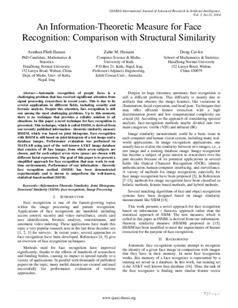 Pdf An Information Theoretic Measure For Face Recognition Comparison With Structural Similarity