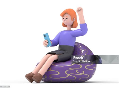캐주얼 옷을 입은 웃는 유럽 사업가 엘렌의 3d 그림이 가방 의자에 앉아 모바일 휴대폰을 사용하여 승자 제스처를 취하고 흰색 배경에 렌더링3d 있습니다 입체 이미지에 대한