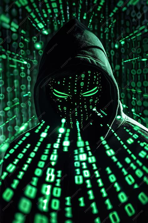 Hooded Figure with Binary Code Mask in Front of Green Binary Code ...