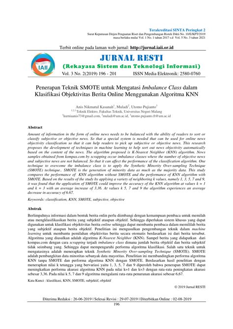 Pdf Penerapan Teknik Smote Untuk Mengatasi Imbalance Class Dalam