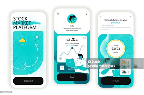 주식 시장 개념 온보딩 화면 금융 데이터 분석 및 앱 증권 거래소 거래 Ui Ux Gui 사용자 인터페이스 키트 플랫 피플 씬 웹 디자인을 위한 벡터 일러스트 레이 션