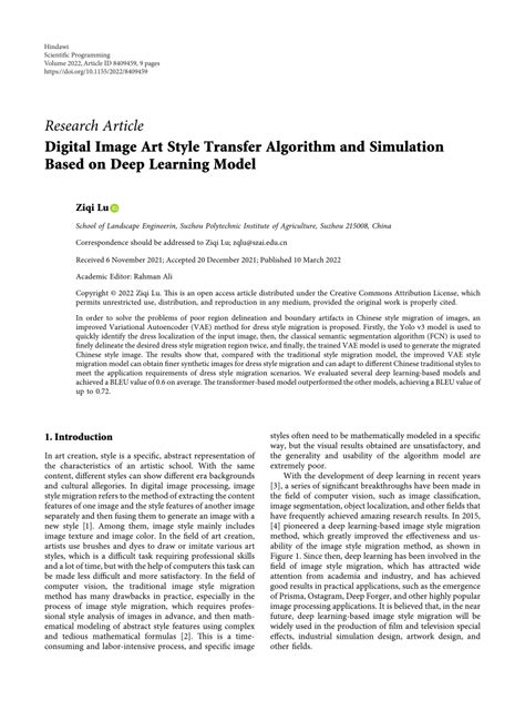 Pdf Digital Image Art Style Transfer Algorithm And Simulation Based On Deep Learning Model