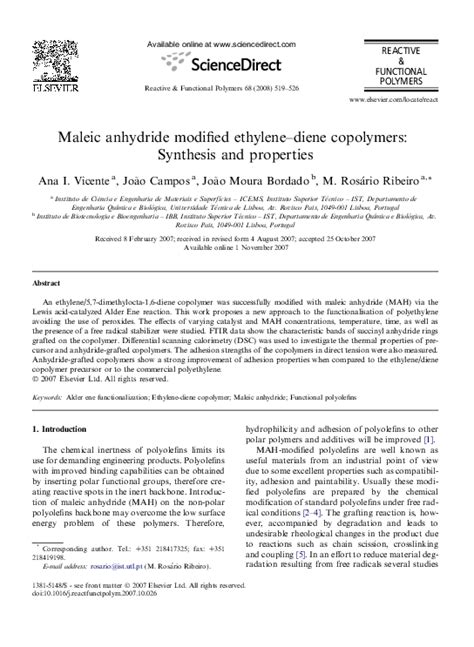 Pdf Maleic Anhydride Modified Ethylenediene Copolymers Synthesis