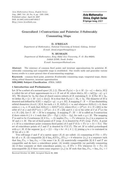 Pdf Generalized I Contractions And Pointwise R Subweakly Commuting Maps