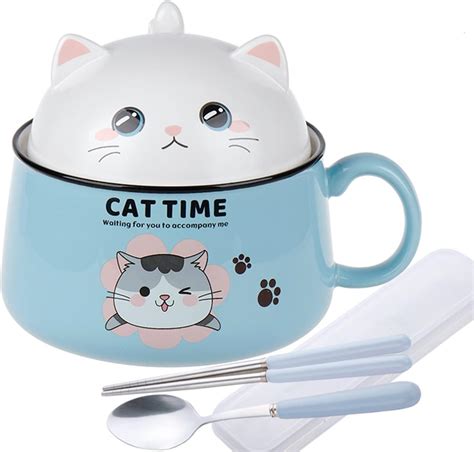 Ramen Bowl With Lid Cute Cat Instant Noodle Bowl 345 Oz Ramen Cooker With