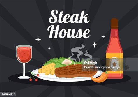 육즙이 많은 맛있는 스테이크 샐러드와 토마토와 함께 구운 고기의 스테이크 하우스 플랫 만화 손으로 그린 템플릿 일러스트 레이