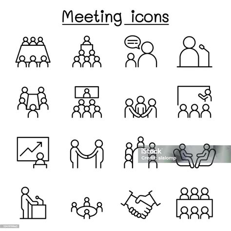 회의 컨퍼런스세미나기획 아이콘이 가는 라인 스타일로 세팅 아이콘에 대한 스톡 벡터 아트 및 기타 이미지 아이콘 이사회실 컨퍼런스 이벤트 Istock