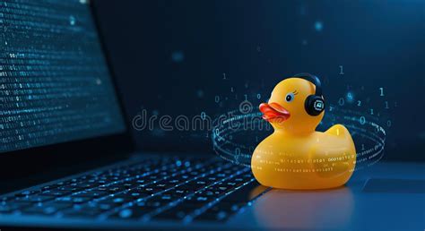 Rubber Duck Debugging On Laptop With Binary Code Visuals Concept Stock