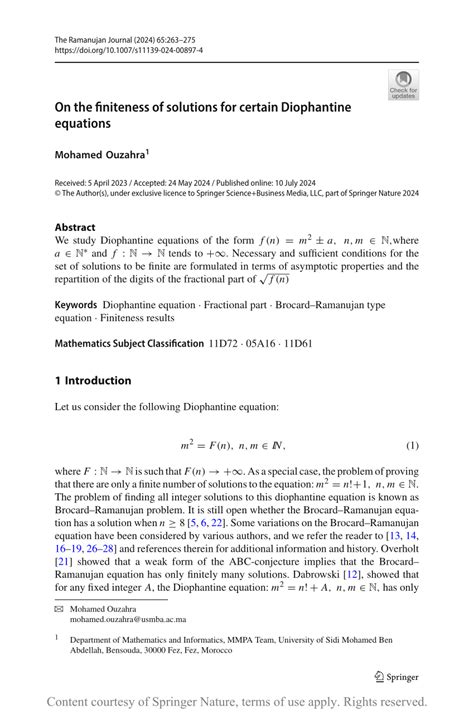On The Finiteness Of Solutions For Certain Diophantine Equations Request Pdf