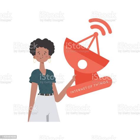 Iot 개념 한 여성이 위성 접시를 손에 쥐고 있습니다 흰색 배경에 고립되어 있습니다 트렌디 한 평면 스타일의 벡터 일러스트레이션 공란에 대한 스톡 벡터 아트 및 기타