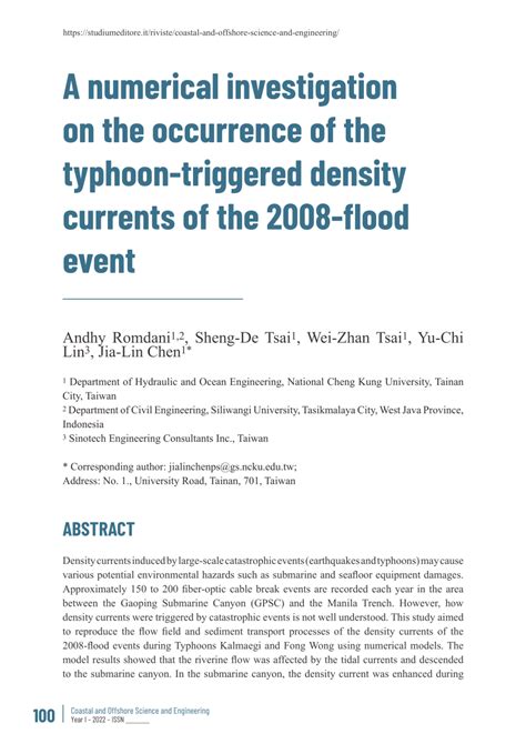 Pdf A Numerical Investigation On The Occurrence Of The Typhoon Triggered Density Currents Of