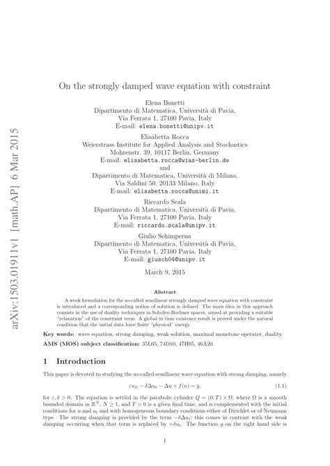 Pdf On The Strongly Damped Wave Equation With Constraint