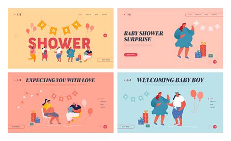 아기 샤워 축하 웹 사이트 방문 페이지 세트 풍선과 화환 출산 웹 페이지 배너로 장식 된 방에서 임신 한 여성을 방문하는 소녀 만화 플랫 벡터 일러스트 가정의 방에 대한