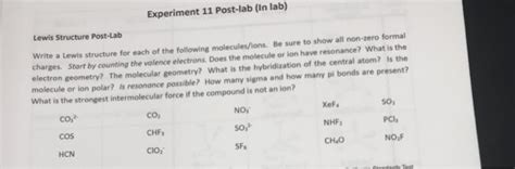 Solved Experiment Post Lab In Lab Lewis Structure Chegg