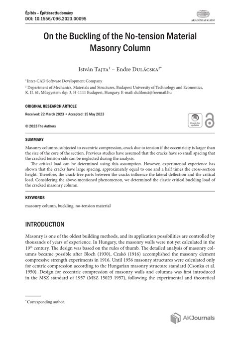Pdf On The Buckling Of The No Tension Material Masonry Column