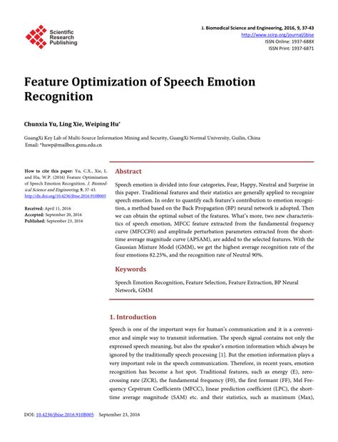 Pdf Feature Optimization Of Speech Emotion Recognition