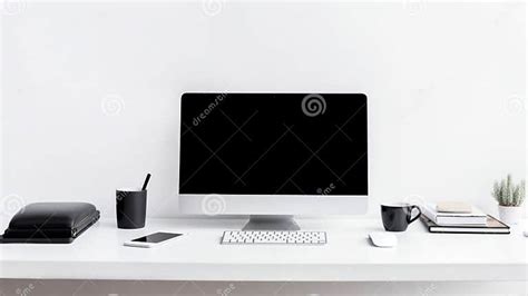 A Modern Workplace With Computer Monitor And Coffee Cup On White Table