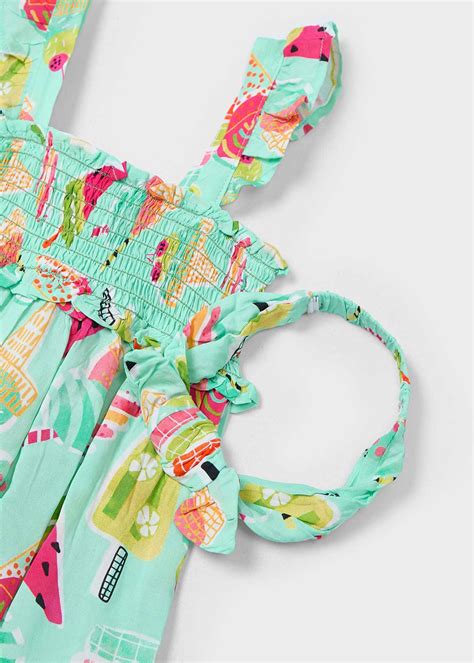 Vestito Stampato Con Fascia Bambina Verde Acqua Mayoral
