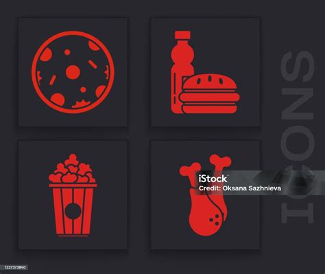 골판지 상자 아이콘에 치킨 다리 피자 물 병과 햄버거와 팝콘을 설정합니다 벡터 검은색에 대한 스톡 벡터 아트 및 기타 이미지 검은색 고기 다리 신체 부분 Istock